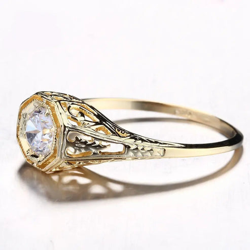 Yellow Gold Vintage Bridal Rings / Unique Moissanite Ring